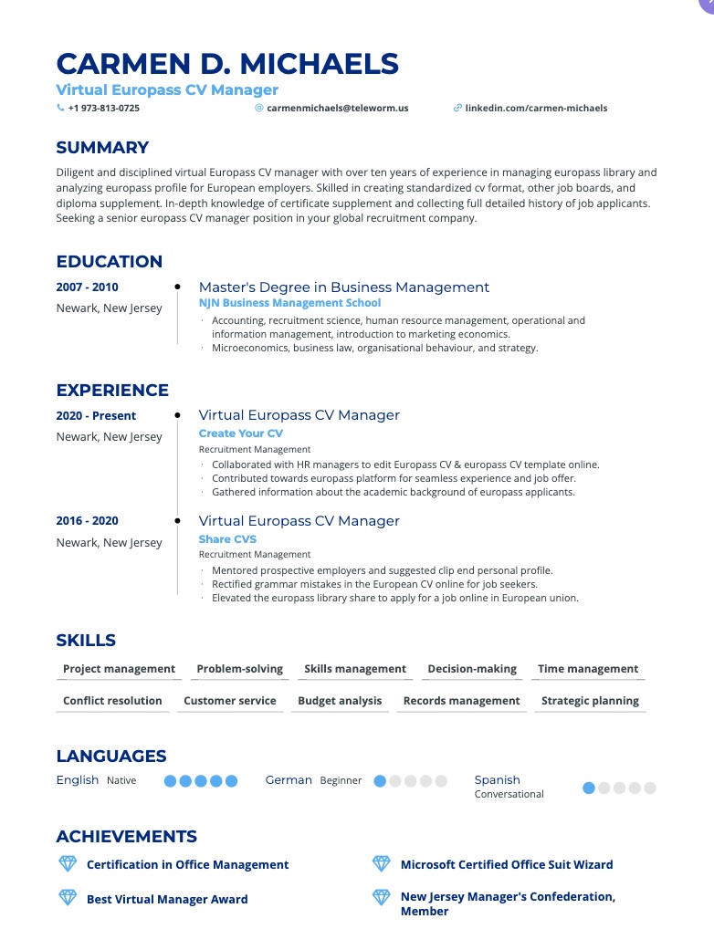Comprehensive Europass CV Example, Template & Writing Guide Comprehensive Europass CV Example, Template & Writing Guide
